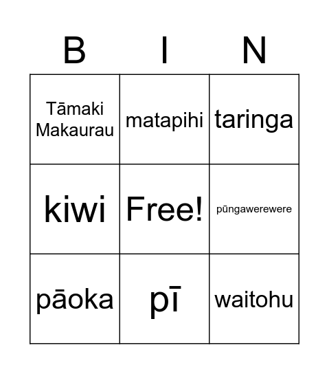 Te Reo Māori Bingo Card