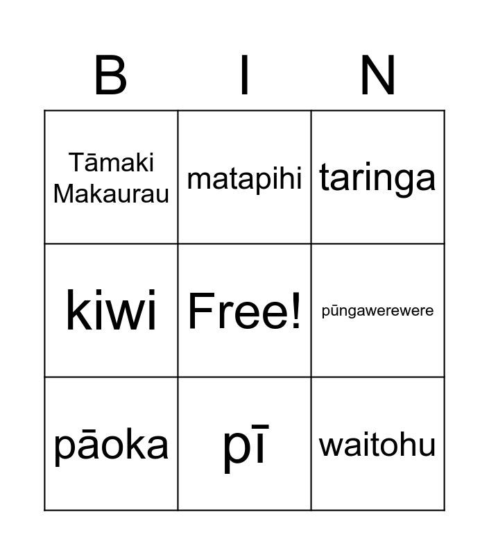 Te Reo Māori Bingo Card