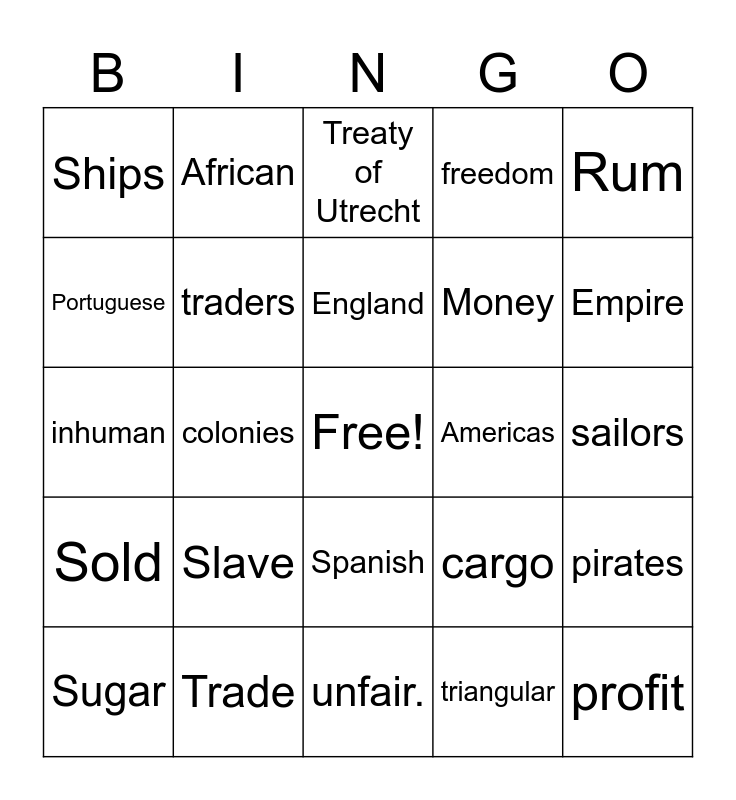 Slave Trade Lesson 1 Bingo Card