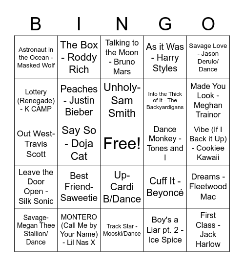 Tik Tok Song Bingo Card