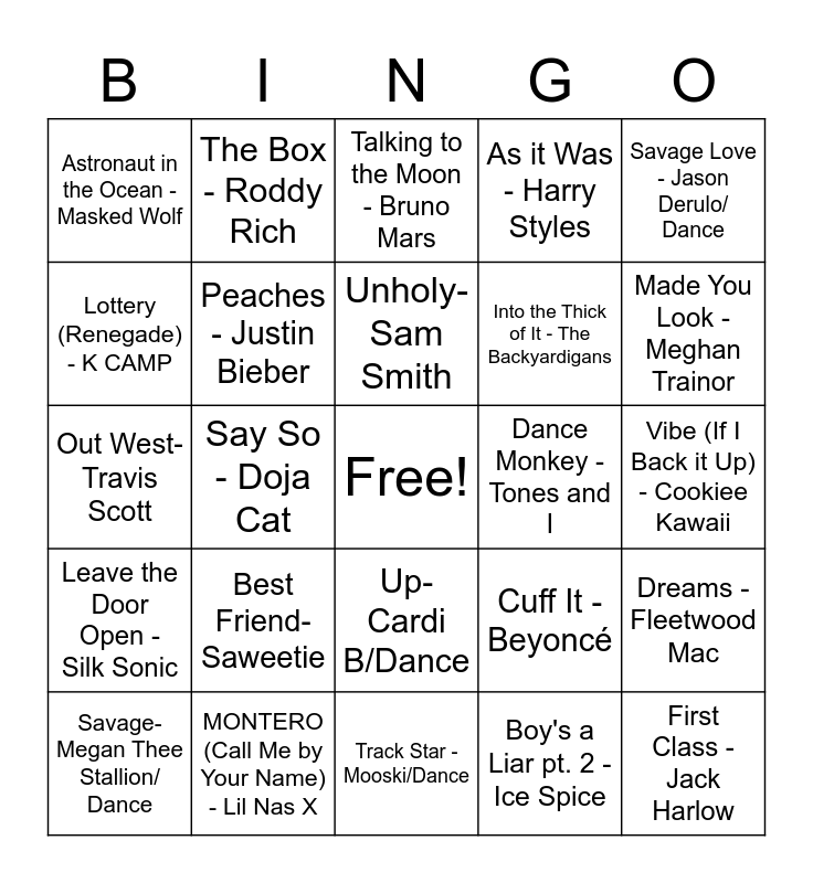 Tik Tok Song Bingo Card