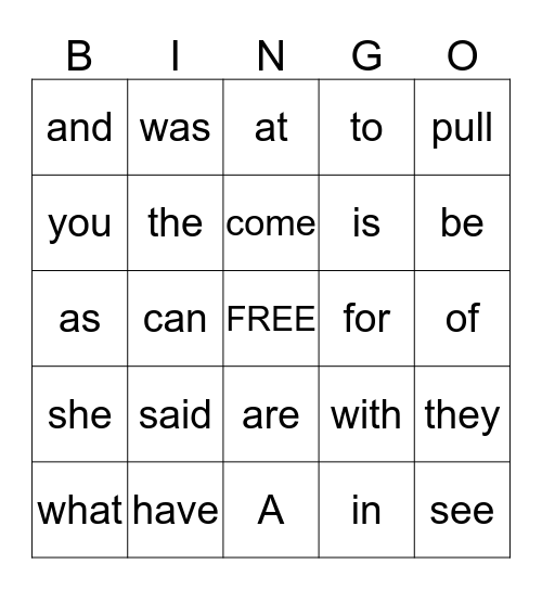Word Bingo Card