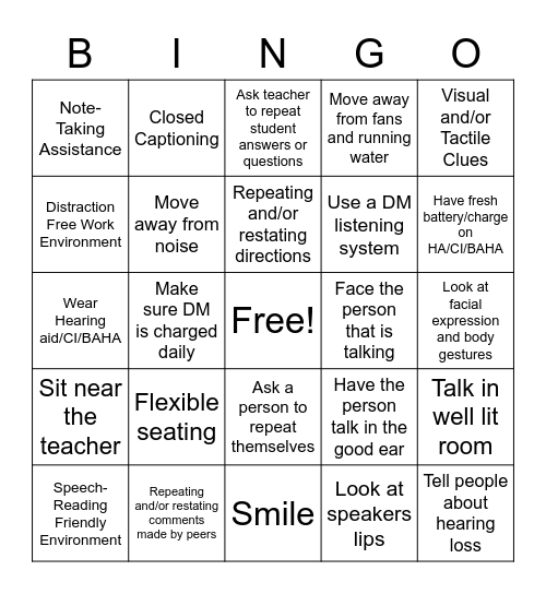 IEP Accommodations Bingo Card
