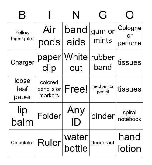 Backpack Bingo Card