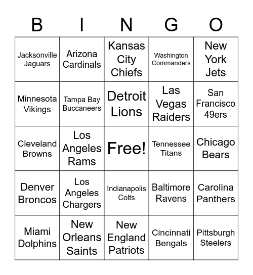 NFL BINGO Card