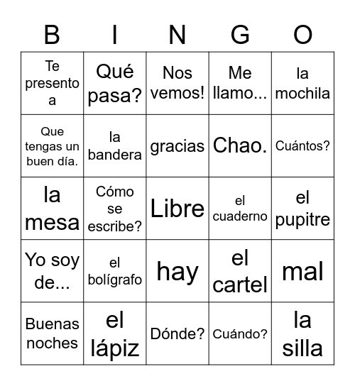 Spanish Chapter 1 Vocabulario 1 Bingo Card
