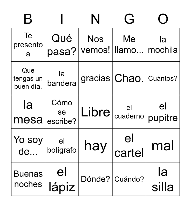 Spanish Chapter 1 Vocabulario 1 Bingo Card