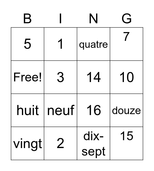 Les nombres 0-20 Bingo Card