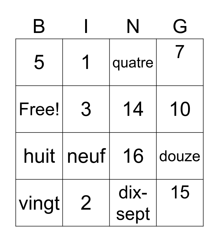 Les nombres 0-20 Bingo Card