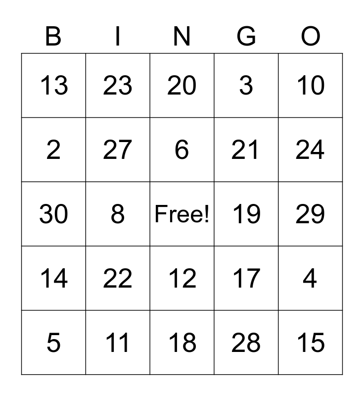 Los números 1-30 Bingo Card