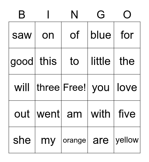 Kindergarten Rainbow Words Bingo Card