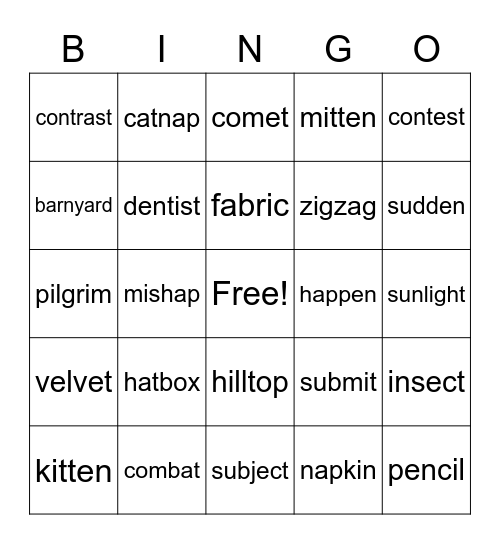 Multisyllabic Words Bingo Card