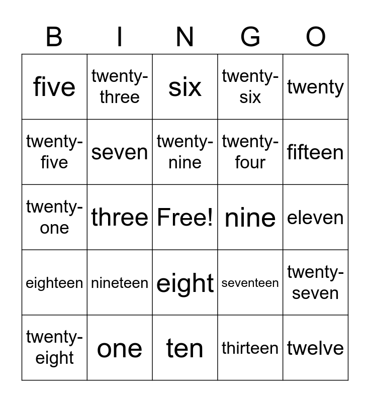 Identify Whole Number Words Bingo Card