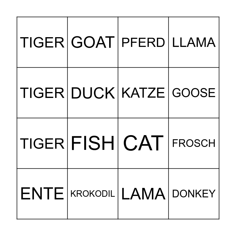 Animals / Tiere Bingo Card