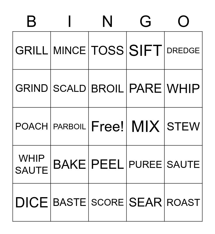 Culinary Vocabulary Bingo Card Culinary Vocabulary Bingo Card
