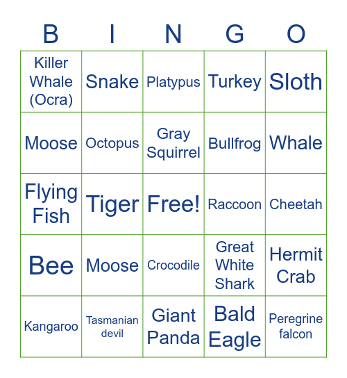 Animal Bingo Card
