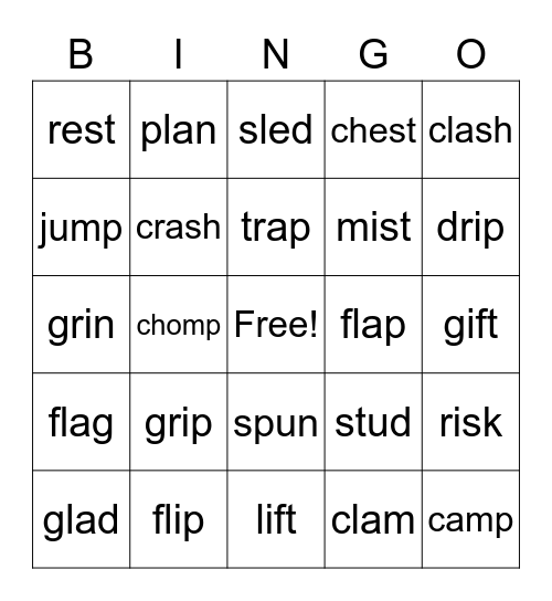Consonant Blends Bingo Card