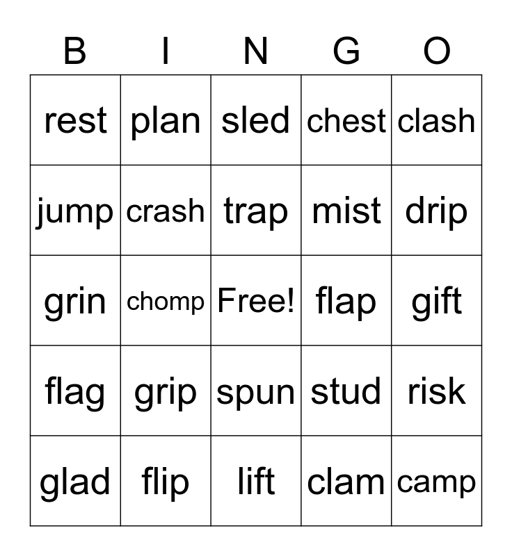 Consonant Blends Bingo Card