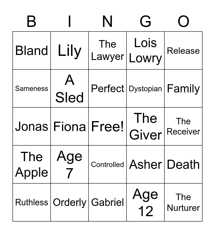 The Giver Bingo Card