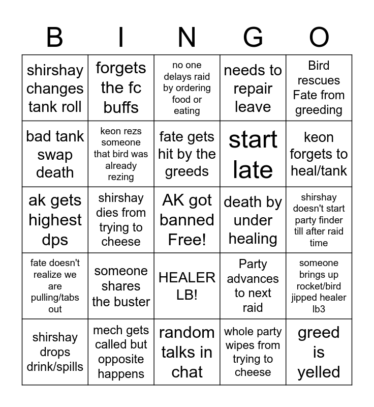 RAID NIGHT Bingo Card