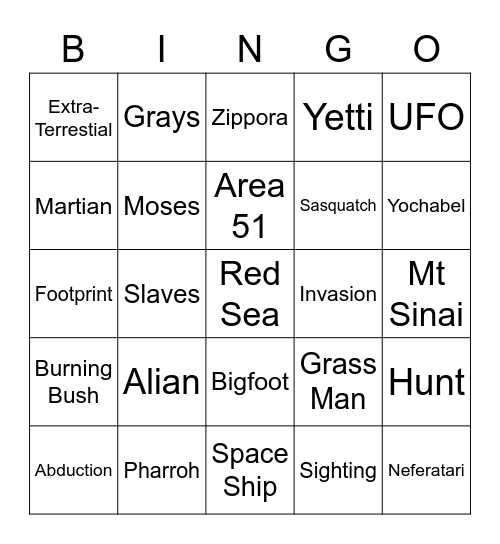 Bigfoot - Ten Commandments - Alien Bingo Card