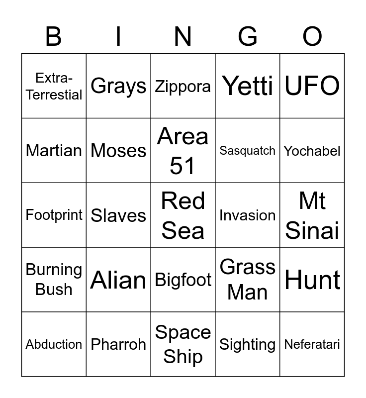 Bigfoot - Ten Commandments - Alien Bingo Card