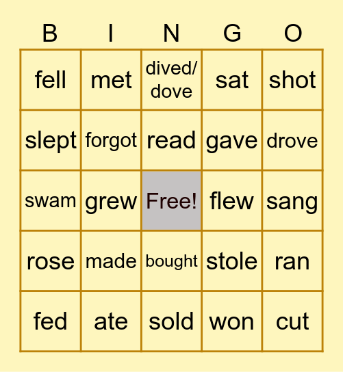 Verb Bingo Card