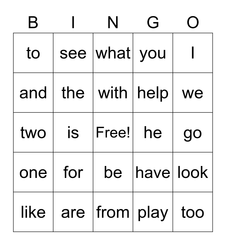 High Frequency Word Bingo Card