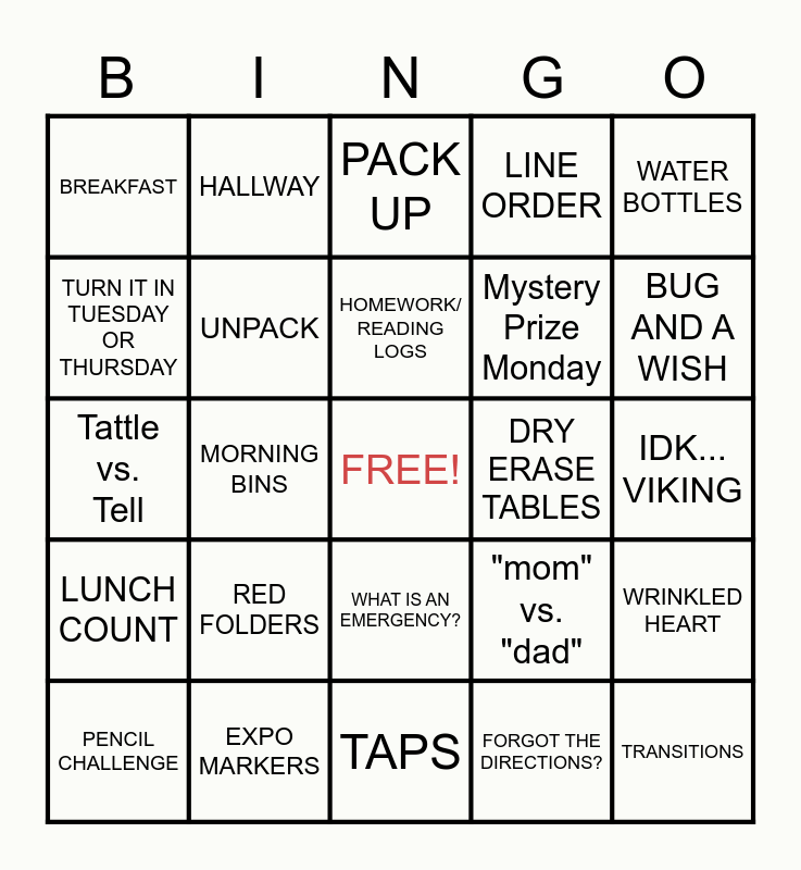 OUR CLASSROOM PROCEDURES Bingo Card