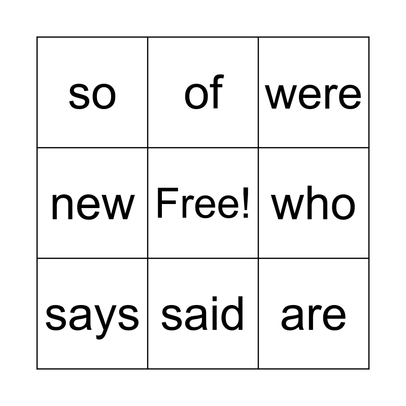 Sight Word Bingo Bingo Card