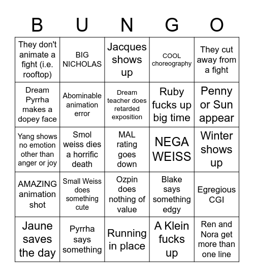 RWBY Ice Queendom Bungo Bingo Card