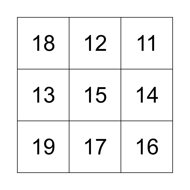 Teen Number Bingo Card