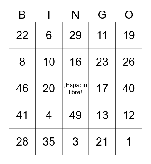 Los números: 0-50 Bingo Card