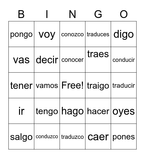 Irregular Yo Verbs Bingo Card