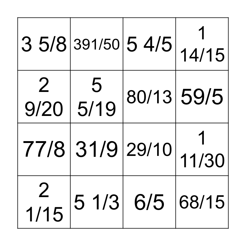 Smíšené číslo Bingo Card