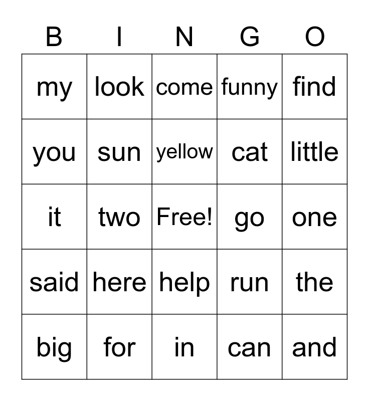 Pre-Primer Bingo Card