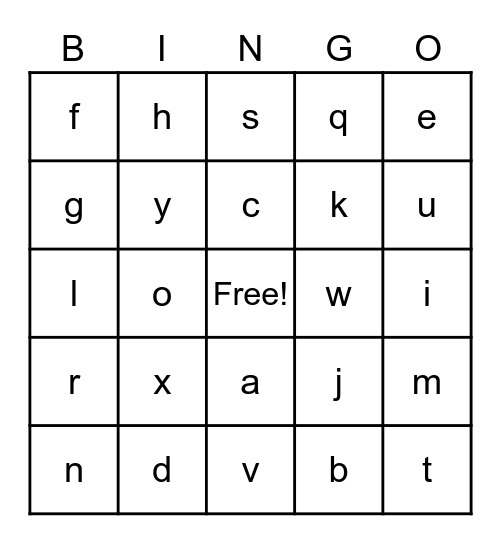 Lowercase Alphabet Bingo Card