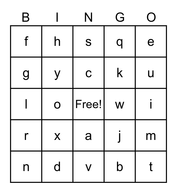Lowercase Alphabet Bingo Card