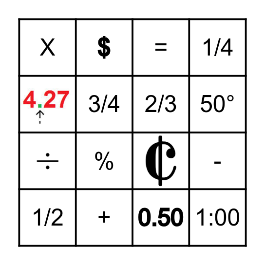 Math Symbols Bingo Card