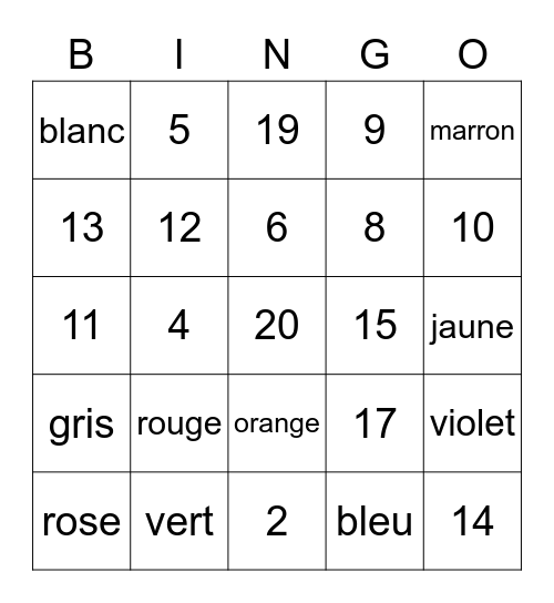 Les chiffres et les couleurs Bingo Card