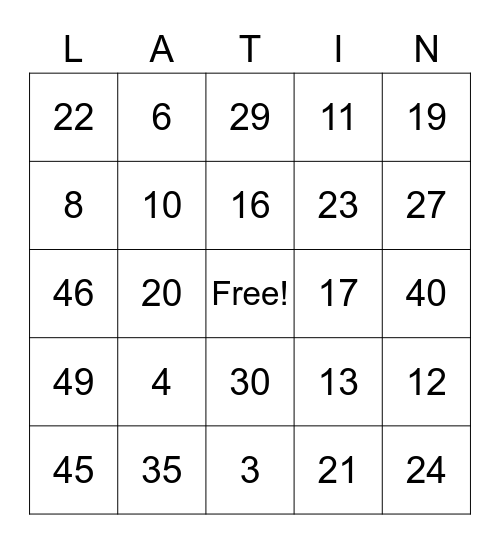 Latin numbers #1-50 Bingo Card