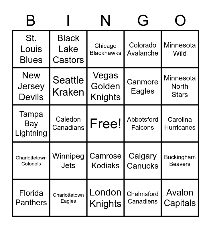 18 - Hockey Teams Bingo Card