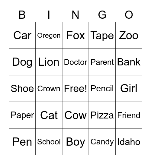 NOUN BINGO Card