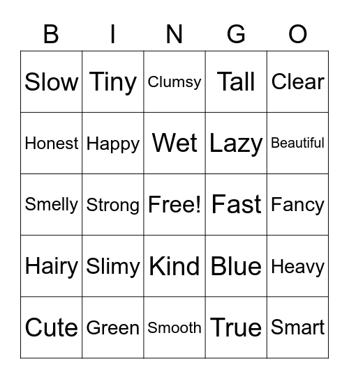 Adjective Bingo Card