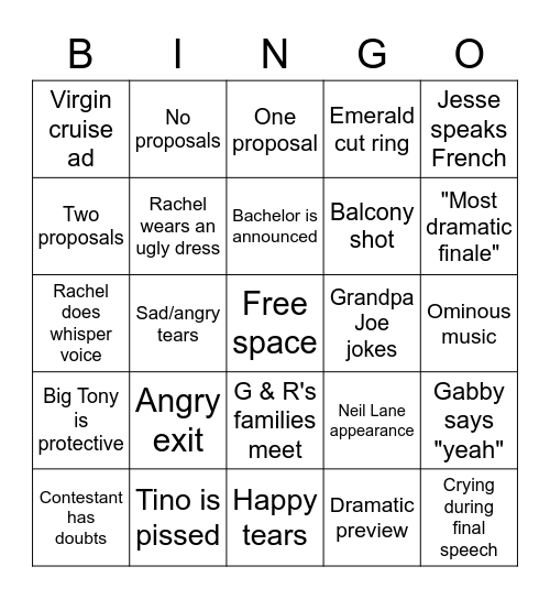Bachelorette Finale Bingo Card
