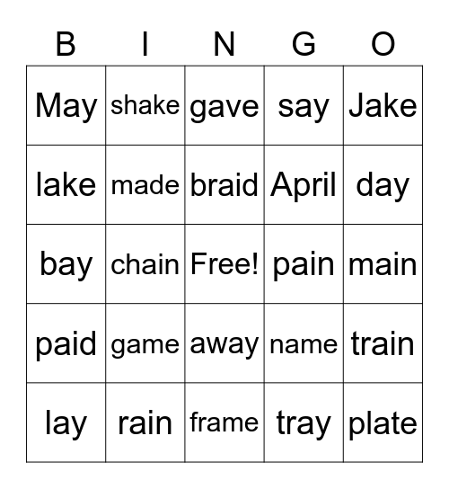 Long A Bingo Card