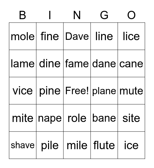 VCe Syllables Bingo Card