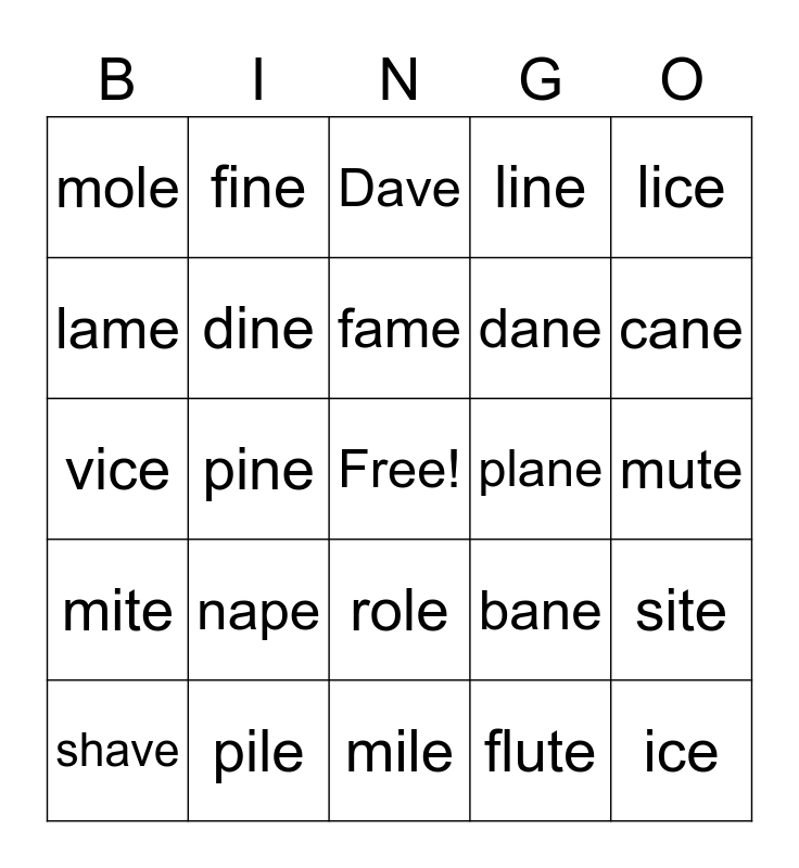 VCe Syllables Bingo Card