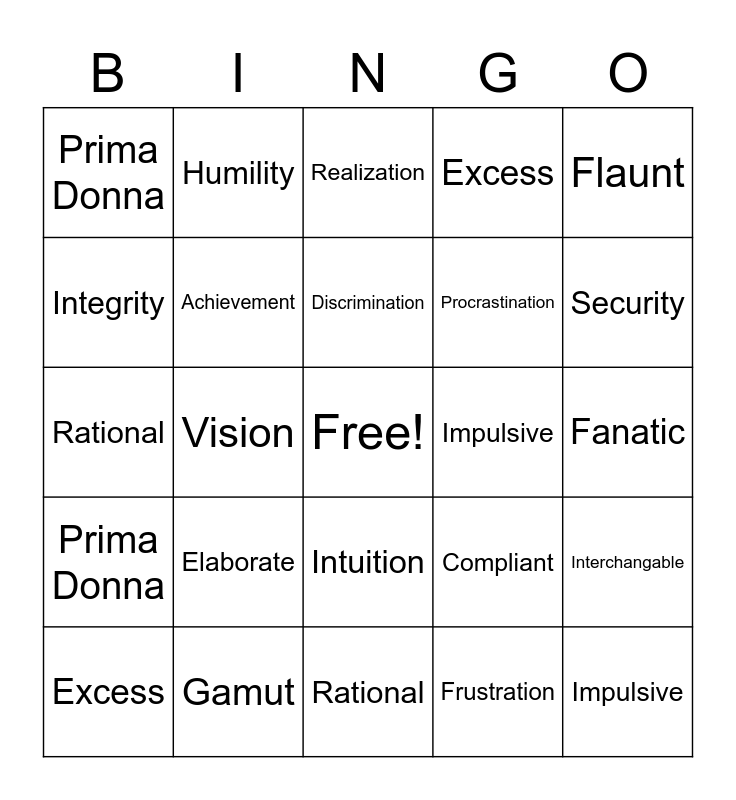 Vocabulary Chapter 1 Bingo Card