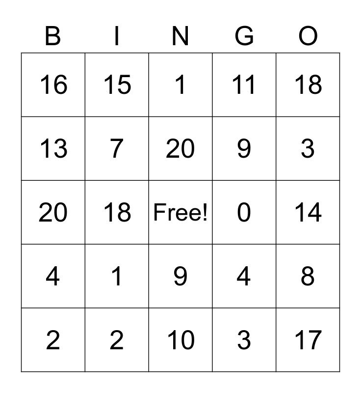 1-20 Bingo Card